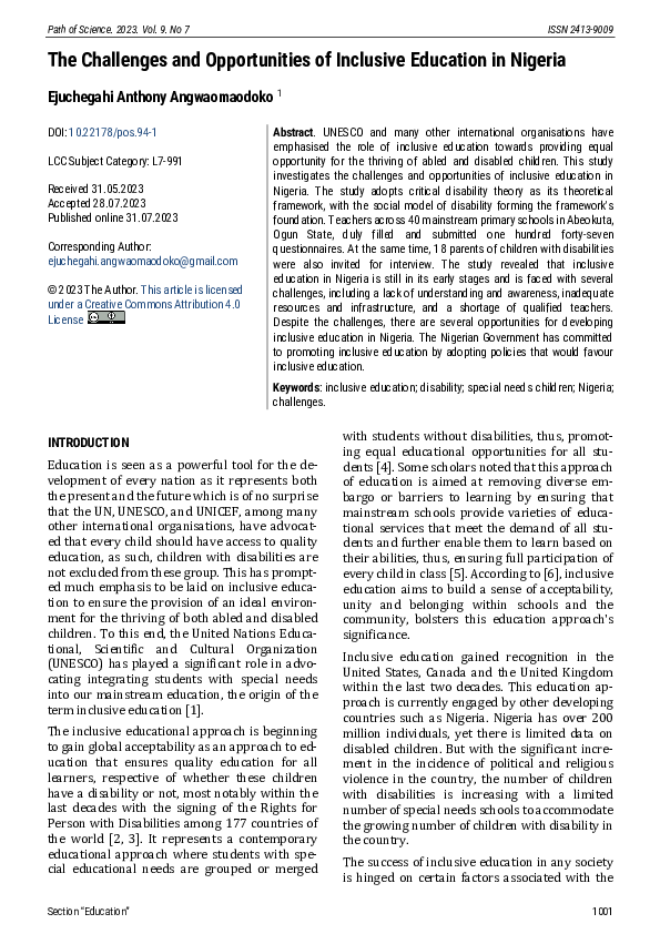 (PDF) The Challenges and Opportunities of Inclusive Education in Nigeria