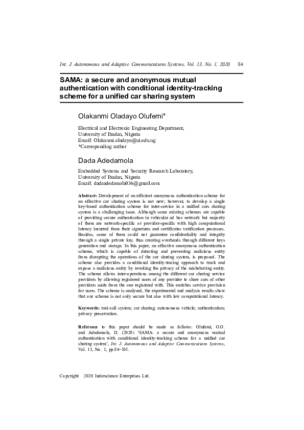 Pdf Sama A Secure And Anonymous Mutual Authentication With Conditional Identity Tracking