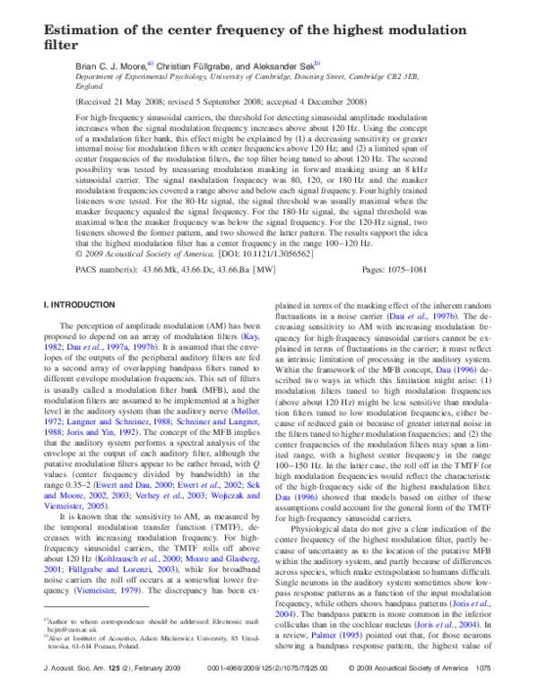 Pdf Estimation Of The Center Frequency Of The Highest Modulation Filter