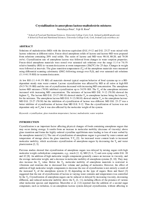 Pdf Crystallization In Amorphous Lactose Maltodextrin Mixtures