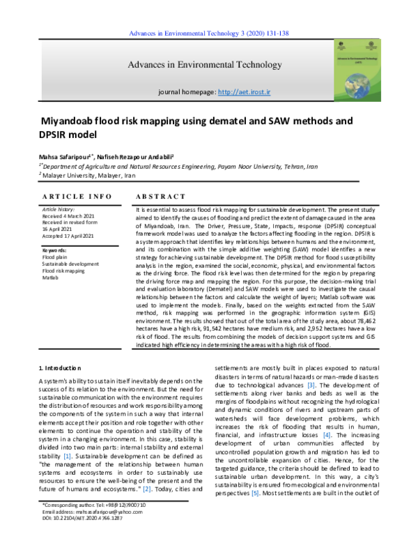 (PDF) Miyandoab flood risk mapping using dematel and SAW methods and DPSIR model