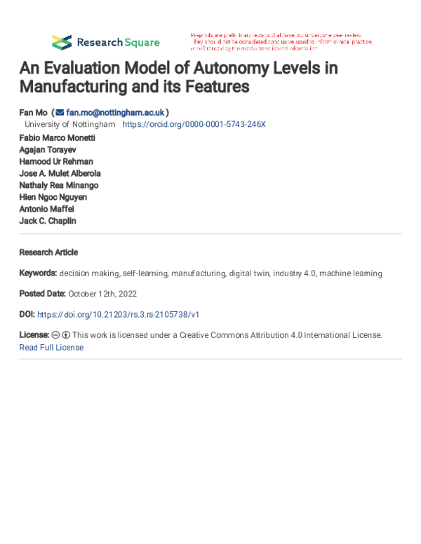 (PDF) An Evaluation Model of Autonomy Levels in Manufacturing and its ...