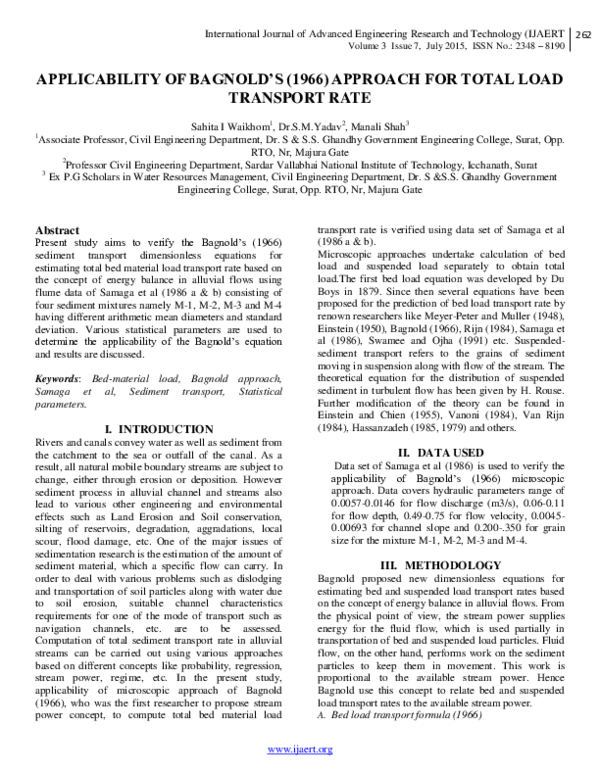 (PDF) Applicability of Bagnold's (1966) Approach for Total Load ...