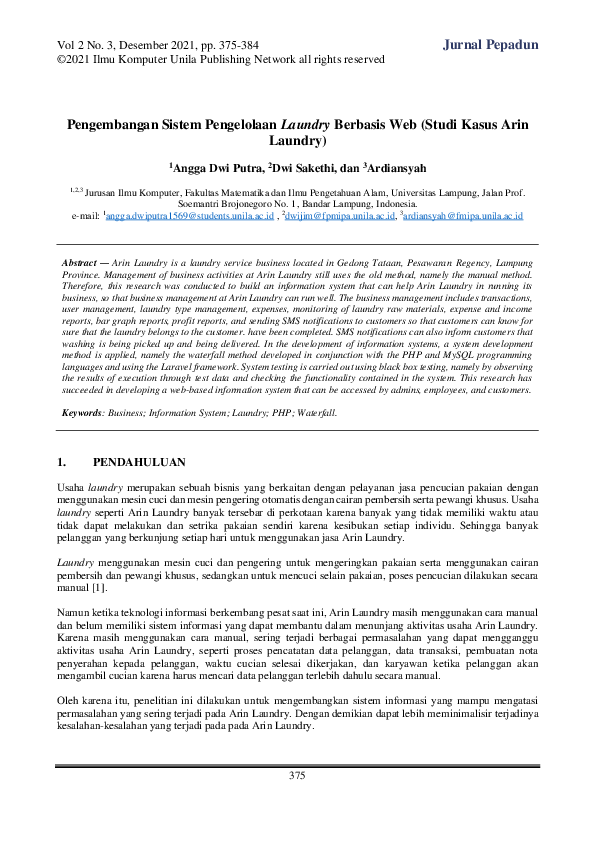 (PDF) Pengembangan Sistem Pengelolaan Laundry Berbasis Web (Studi Kasus Arin Laundry)