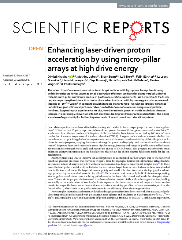 Pdf Enhancing Laser Driven Proton Acceleration By Using Micro Pillar Arrays At High Drive Energy