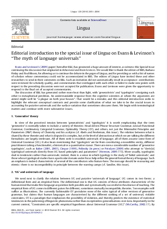 (PDF) Editorial introduction to the special issue of Lingua on Evans & Levinson's “The myth of ...