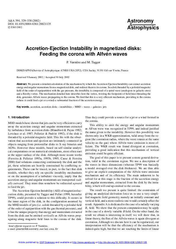 (PDF) Accretion-Ejection Instability in magnetized disks: Feeding the corona with Alfvén waves