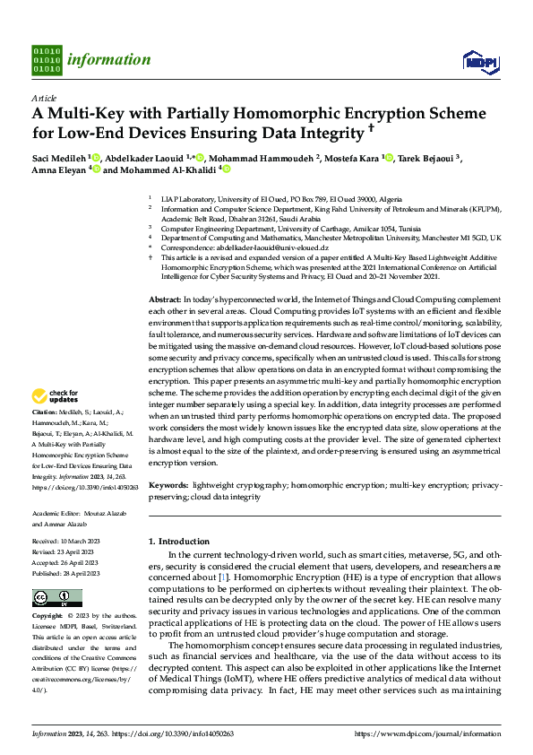 (PDF) A Multi-Key with Partially Homomorphic Encryption Scheme for Low-End Devices Ensuring Data ...