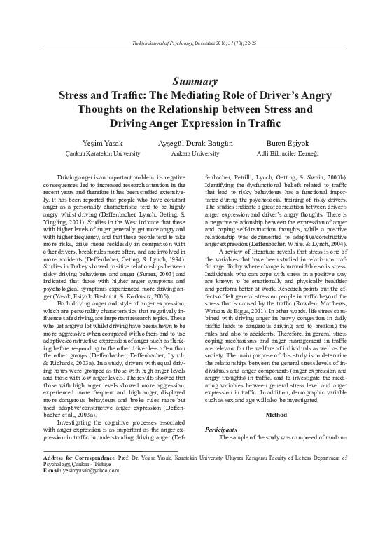 (PDF) Stress and Traffic: The Mediating Role of Driver’s Angry Thoughts ...