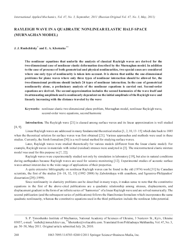 (PDF) Rayleigh wave in a quadratic nonlinear elastic half-space (Murnaghan model) | Jeremiah ...