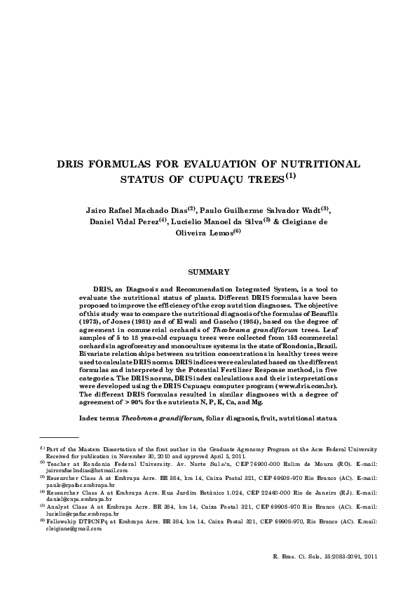 (PDF) DRIS formulas for evaluation of nutritional status of cupuaçu trees