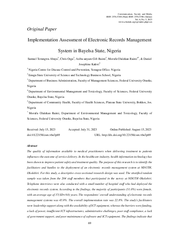 Pdf Implementation Assessment Of Electronic Records Management System
