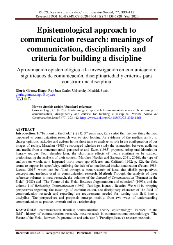 (PDF) Epistemological approach to communication research: meanings of ...