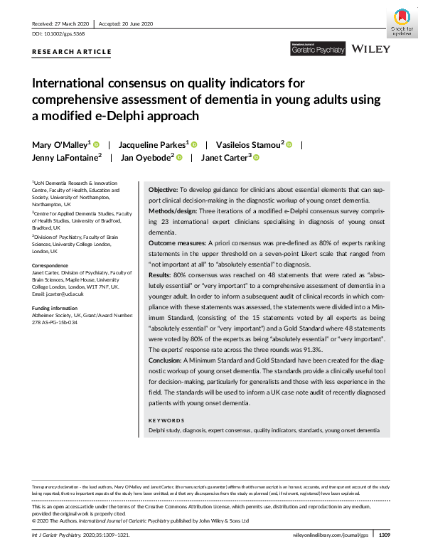 (PDF) International consensus on quality indicators for comprehensive assessment of dementia in ...