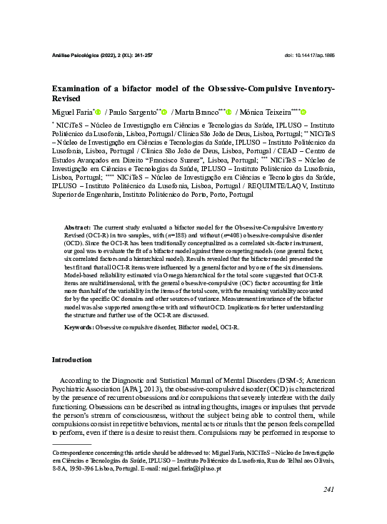 (PDF) Examination of a bifactor model of the Obsessive-Compulsive ...
