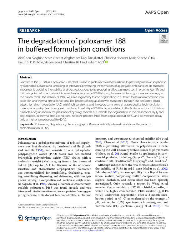 (PDF) The degradation of poloxamer 188 in buffered formulation conditions