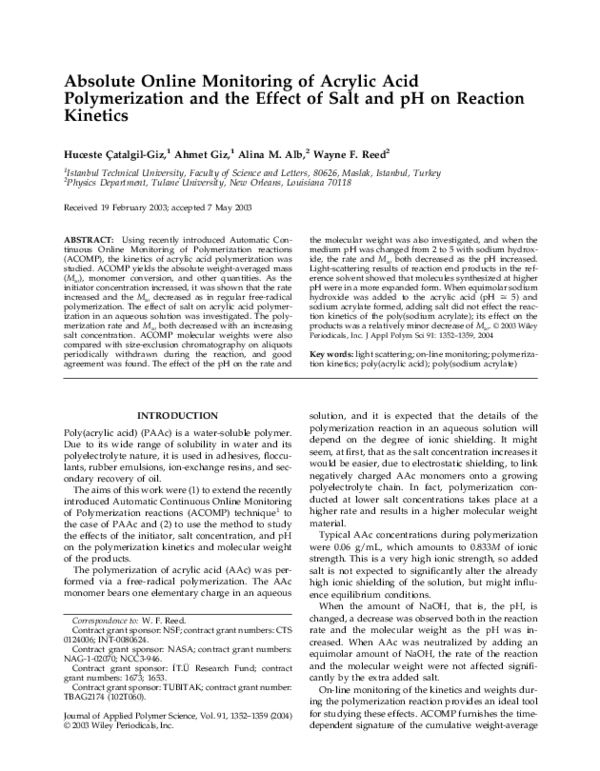 (PDF) Absolute online monitoring of acrylic acid polymerization and the ...
