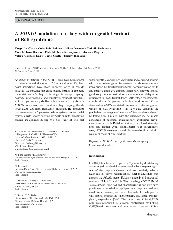 (PDF) A FOXG1 mutation in a boy with congenital variant of Rett ...