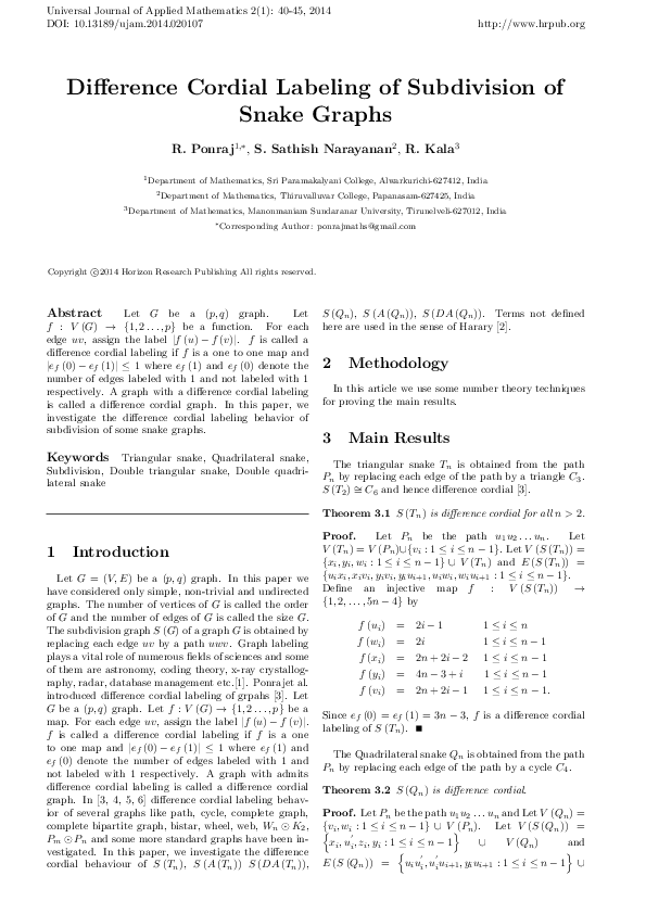 (PDF) Difference Cordial Labeling of Subdivision of Snake Graphs