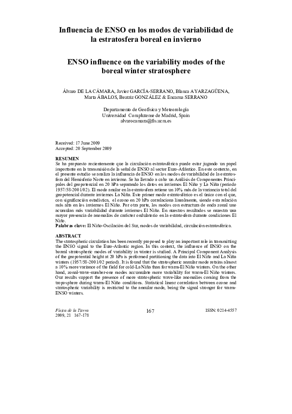 (PDF) ENSO influence on the variability modes of the boreal winter stratosphere