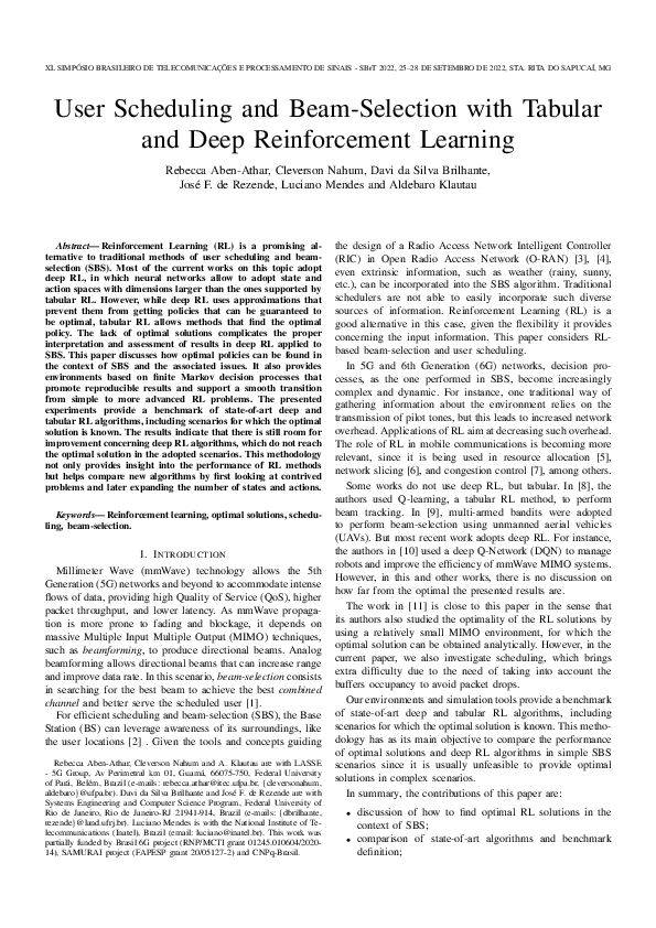 (PDF) User Scheduling and Beam-Selection with Tabular and Deep Reinforcement Learning