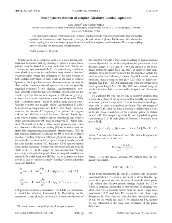 (PDF) Phase synchronization of coupled Ginzburg-Landau equations ... (PDF) Phase synchronization of coupled Ginzburg-Landau equations ...