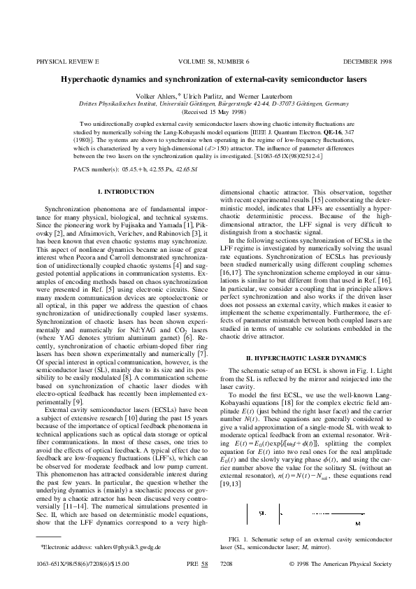(PDF) Hyperchaotic dynamics and synchronization of external-cavity semiconductor lasers