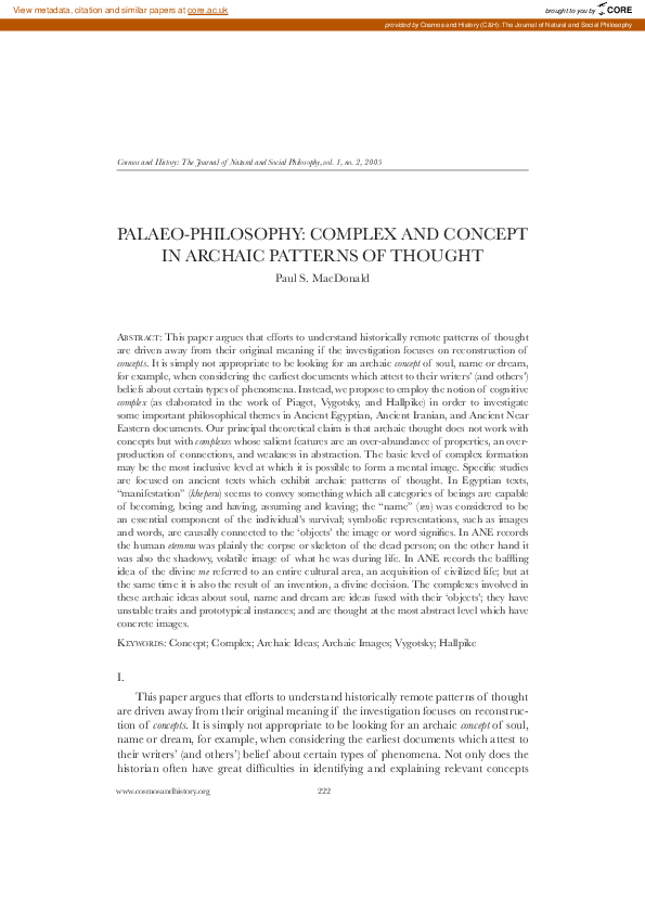 (PDF) Palaeo-philosophy: Complex and Concept in Archaic Patterns of Thought