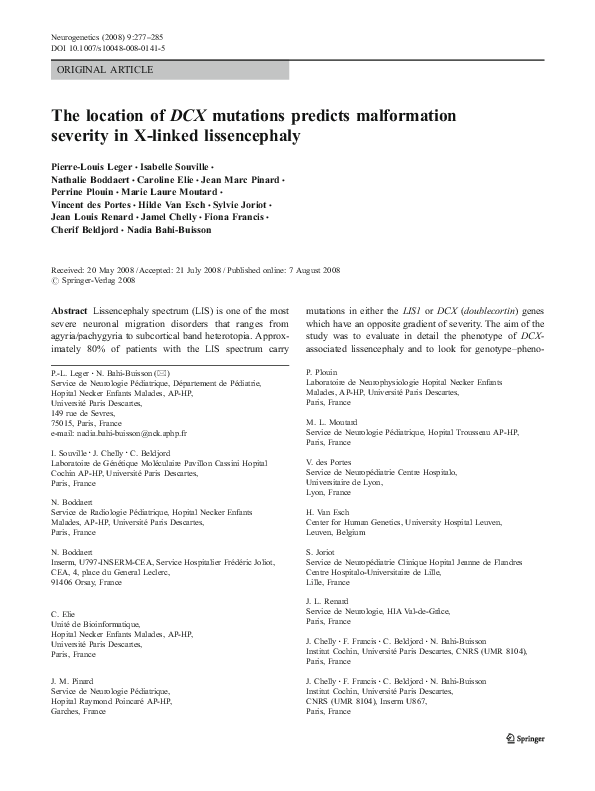 (PDF) The location of DCX mutations predicts malformation severity in X ...