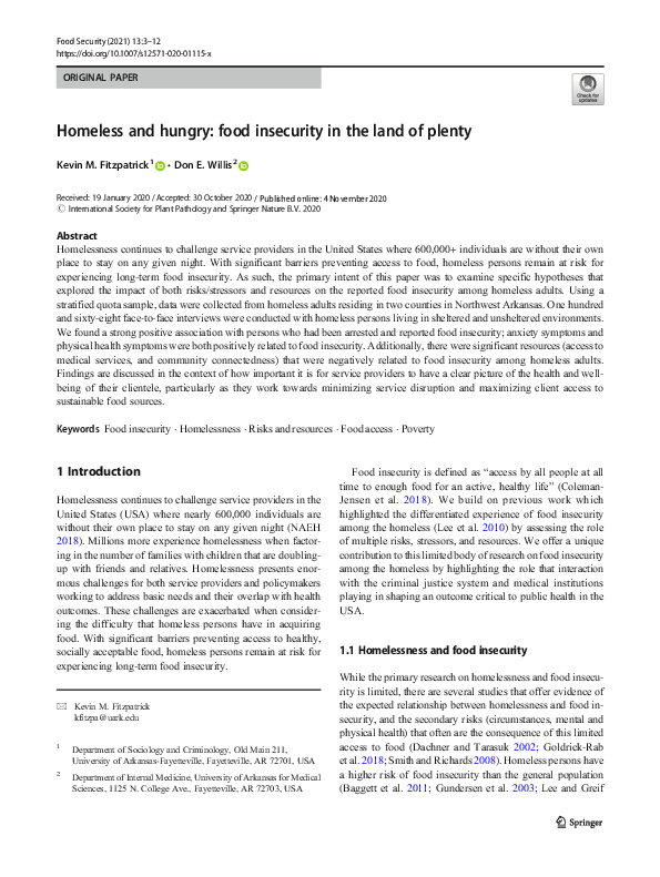 (PDF) Homeless and hungry: food insecurity in the land of plenty