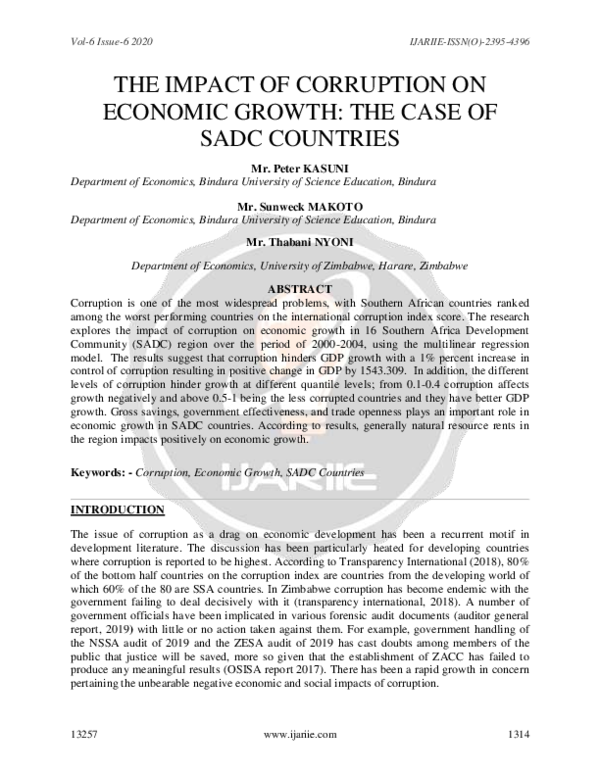 (PDF) THE IMPACT OF CORRUPTION ON ECONOMIC GROWTH: THE CASE OF SADC ...