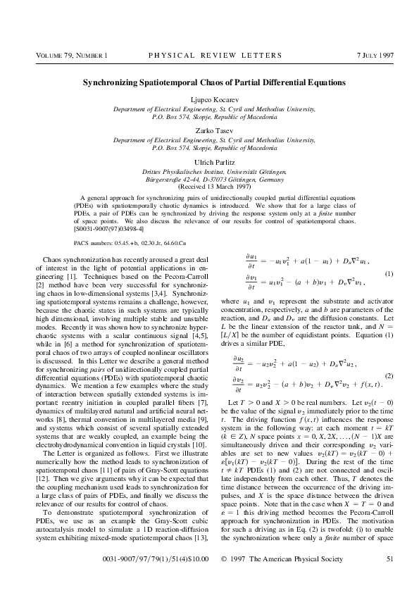 (PDF) Synchronizing Spatiotemporal Chaos of Partial Differential Equations