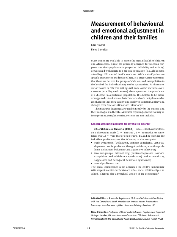 (PDF) Measurement of behavioural and emotional adjustment in children ...