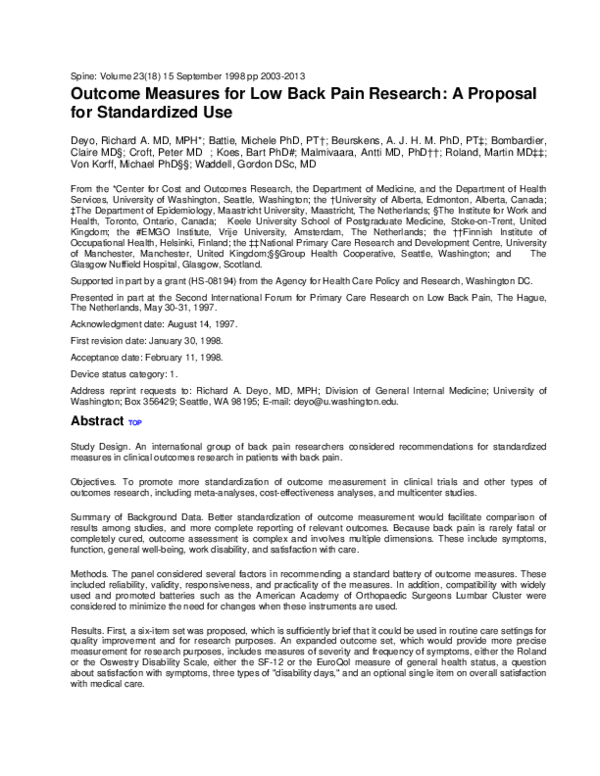 (PDF) Outcome Measures for Low Back Pain Research