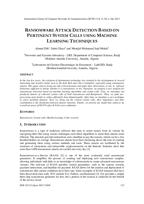 Pdf Ransomware Attack Detection Based On Pertinent System Calls Using Machine Learning Techniques