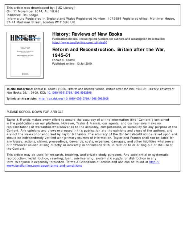 (PDF) Reform and Reconstruction. Britain after the War, 1945–51