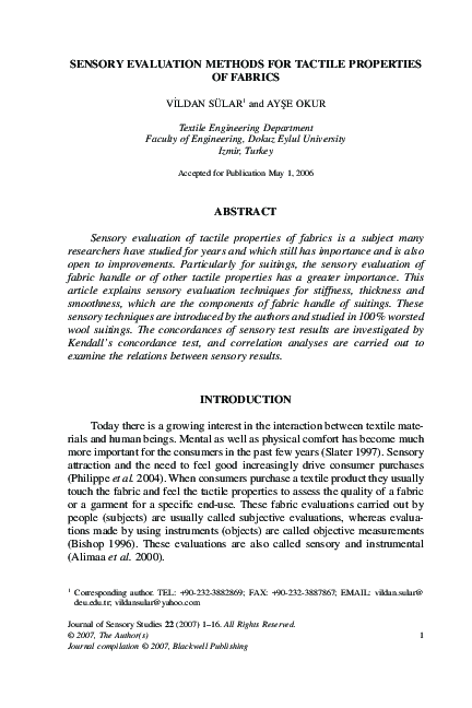 (PDF) Sensory Evaluation Methods for Tactile Properties of Fabrics