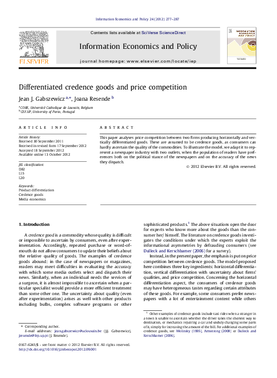 (PDF) Differentiated credence goods and price competition