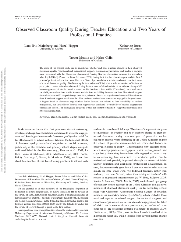 (PDF) Observed classroom quality during teacher education and two years ...