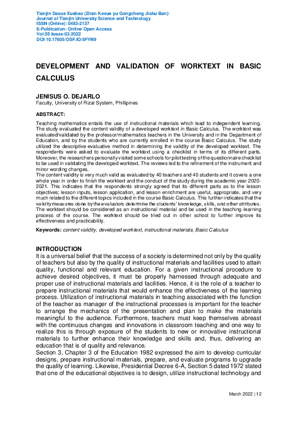 (PDF) DEVELOPMENT AND VALIDATION OF WORKTEXT IN BASIC CALCULUS