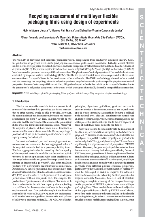 (PDF) Recycling assessment of multilayer flexible packaging films using ...