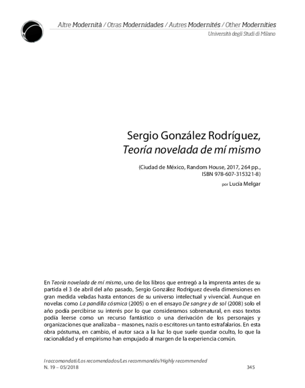 (PDF) Sergio González Rodríguez, Teoría novelada de mí mismo (Ciudad de México, Random House ...