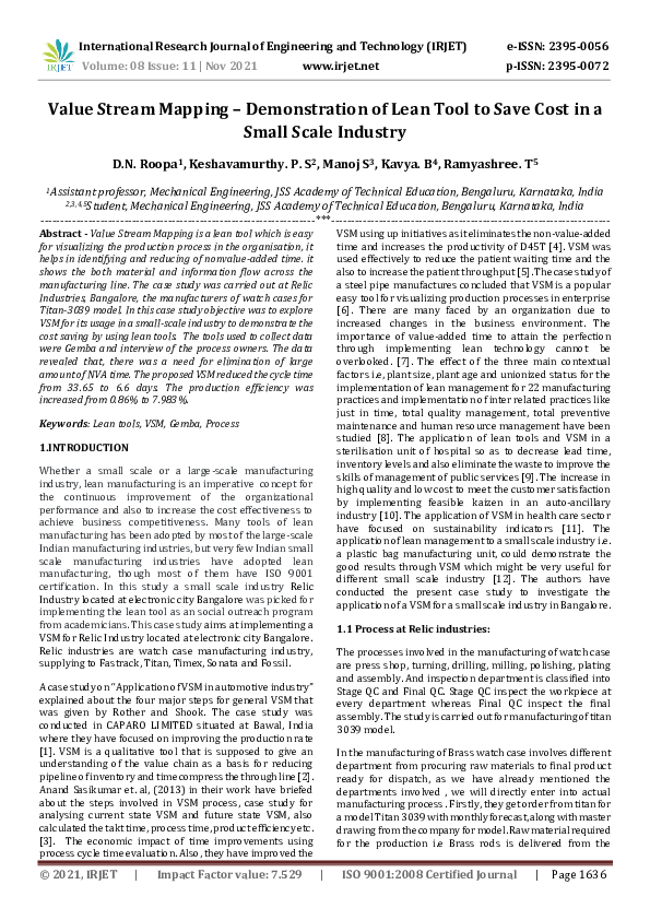 (PDF) Value Stream Mapping -Demonstration of Lean Tool to Save Cost in a Small Scale Industry