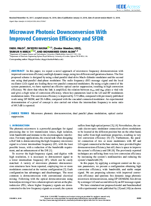 (PDF) Microwave Photonic Downconversion With Improved Conversion Efficiency and SFDR