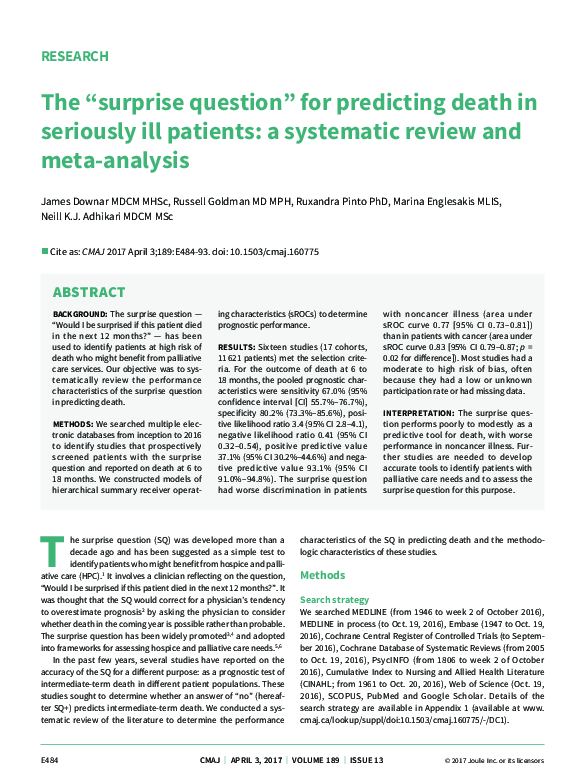 (PDF) The “surprise question” for predicting death in seriously ill ...