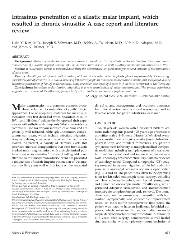 (PDF) Intrasinus penetration of a silastic malar implant, which ...