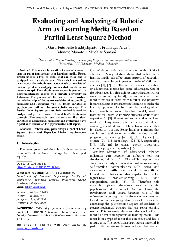 (PDF) Evaluating and Analyzing of Robotic Arm as Learning Media Based on Partial Least Square ...