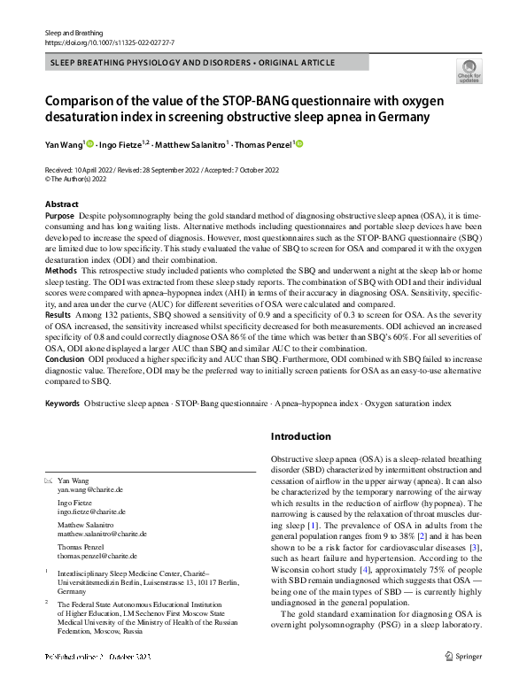 (PDF) Comparison of the value of the STOP-BANG questionnaire with ...