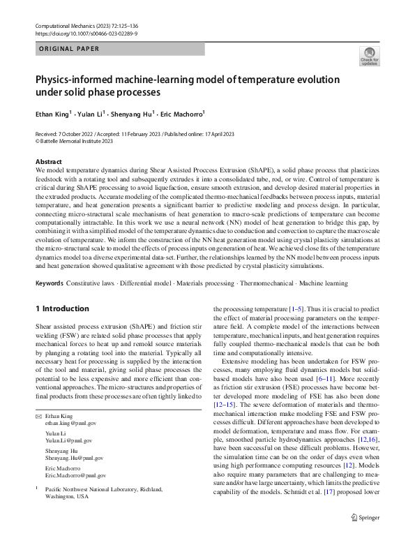 (PDF) Physics-informed machine-learning model of temperature evolution under solid phase ...
