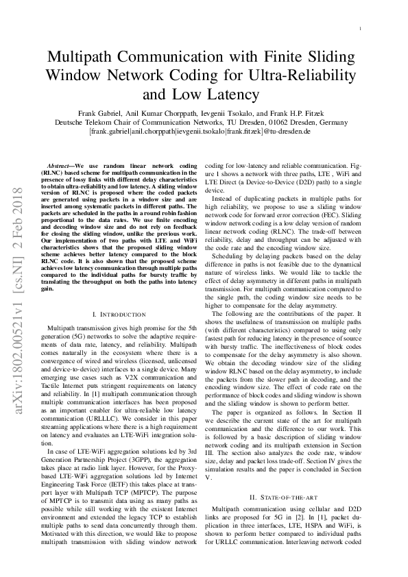 (PDF) Multipath Communication with Finite Sliding Window Network Coding for Ultra-Reliability ...